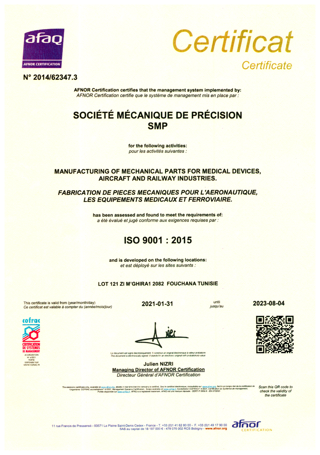 Qualité et certifications - SMP Tunisie